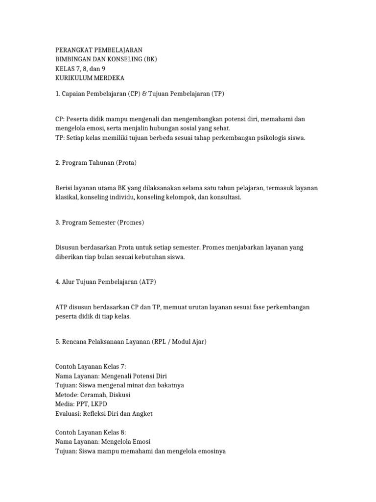 Perangkat Pembelajaran BK Kelas 7 8 9 KurMer | PDF
