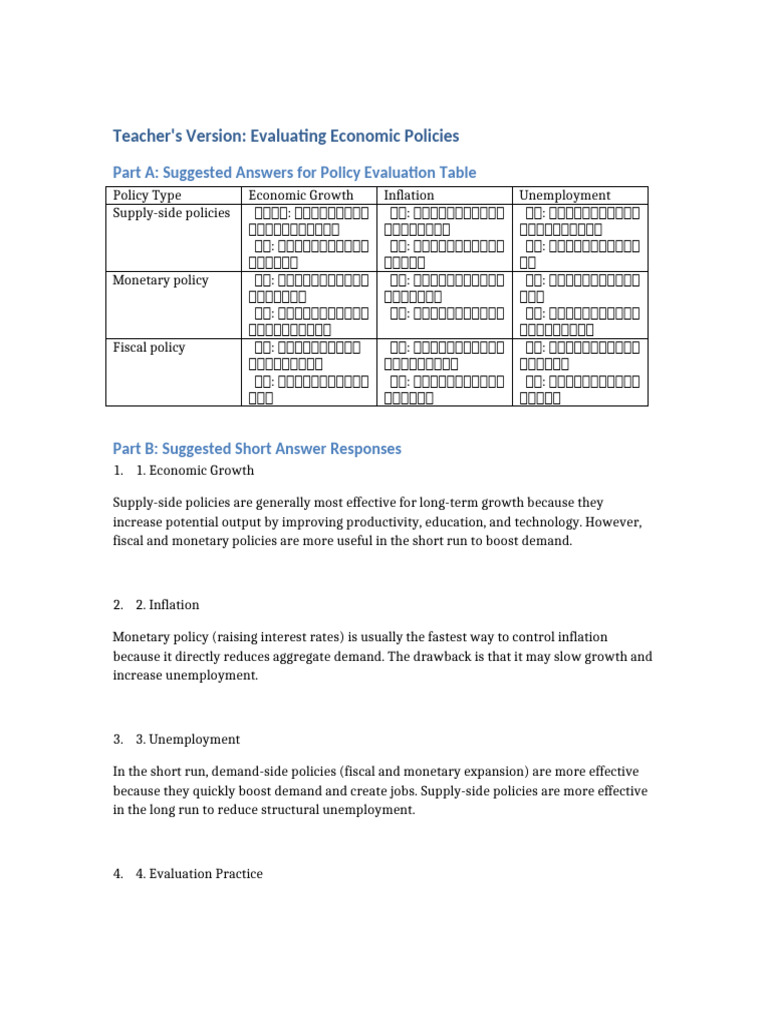 Economic Policy Worksheet Teacher Version | PDF
