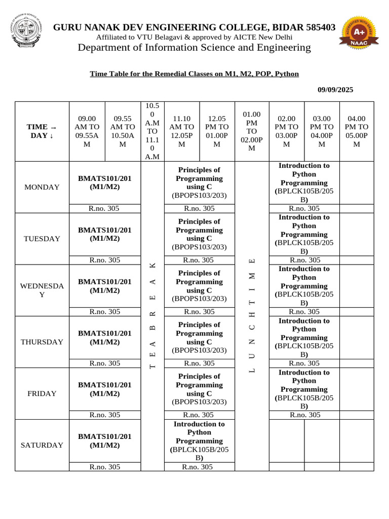 Remedial Classes Timetable for ISE | PDF