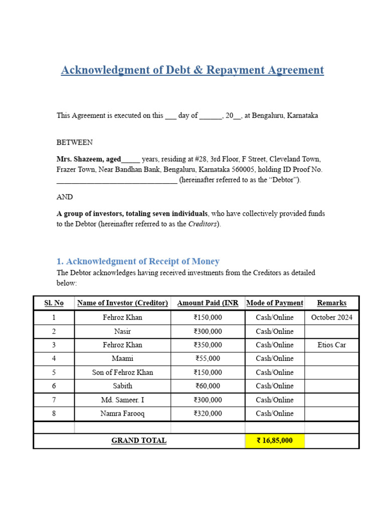 Debt Acknowledgment Agreement | PDF | Debtor | Debt