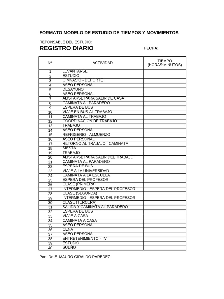Formato De Estudio De Tiempos Y Movimientos Pdf
