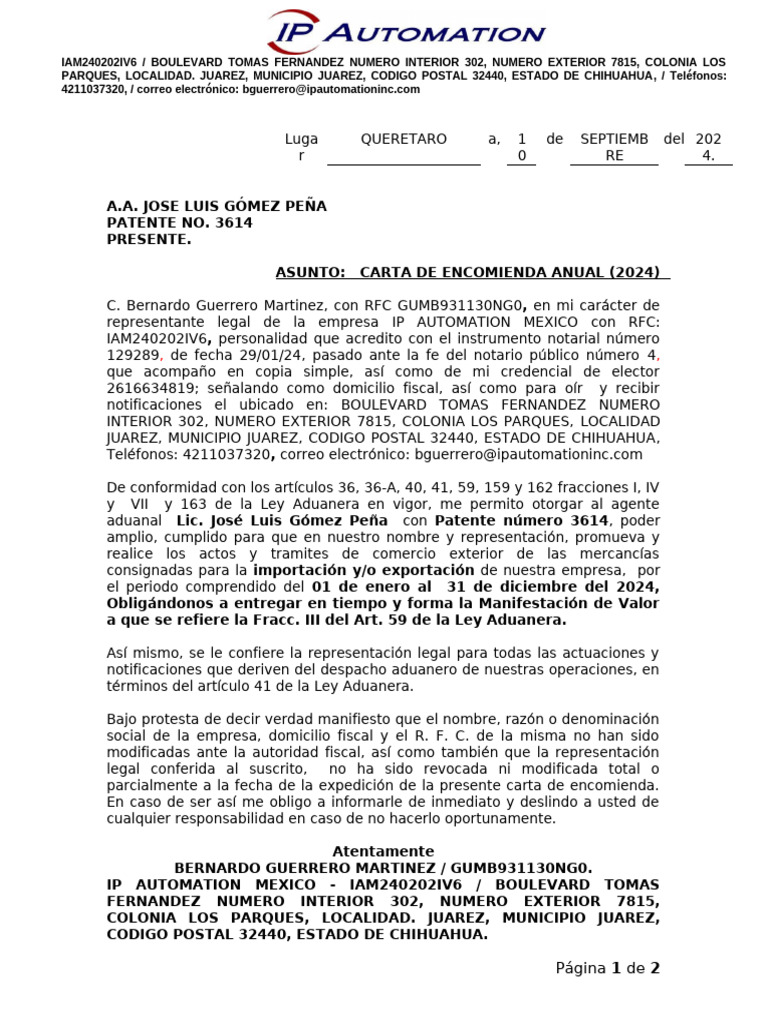 Carta de Encomienda Anual 2024 IP Automation | PDF