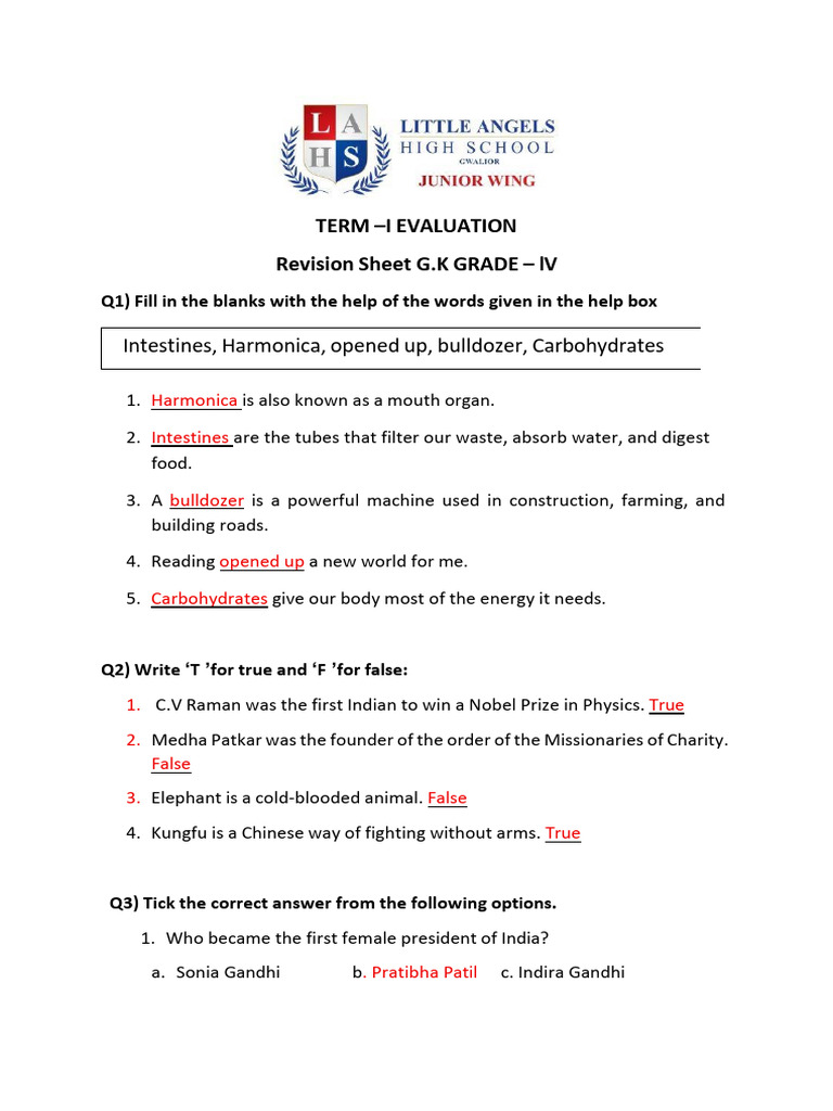 Grade 4 G.K Consolidated Rev Sheet Term 1 Answer Key 1 | PDF