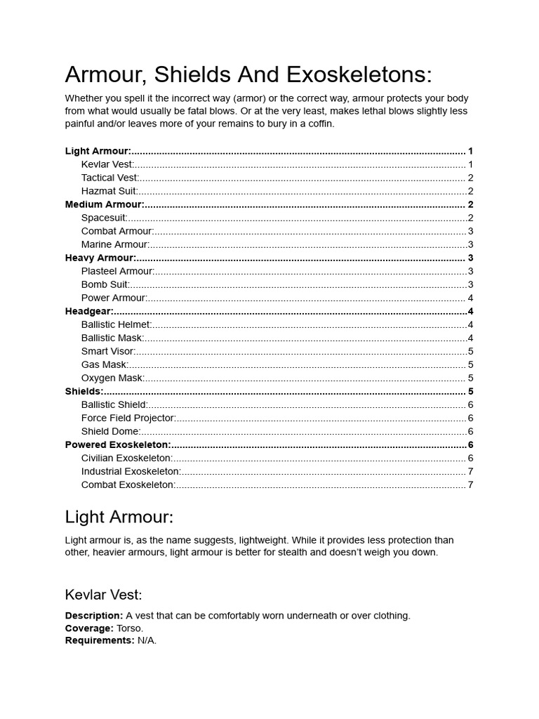 Types of Armour and Exoskeletons Guide | PDF | Armour | Space Suit