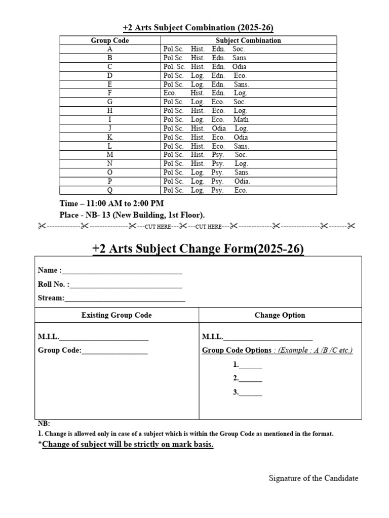 +2 Subject Change Form 2025-26 | PDF