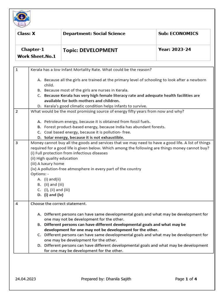 Development Economics Worksheet for Class X | PDF | Infants | Kerala