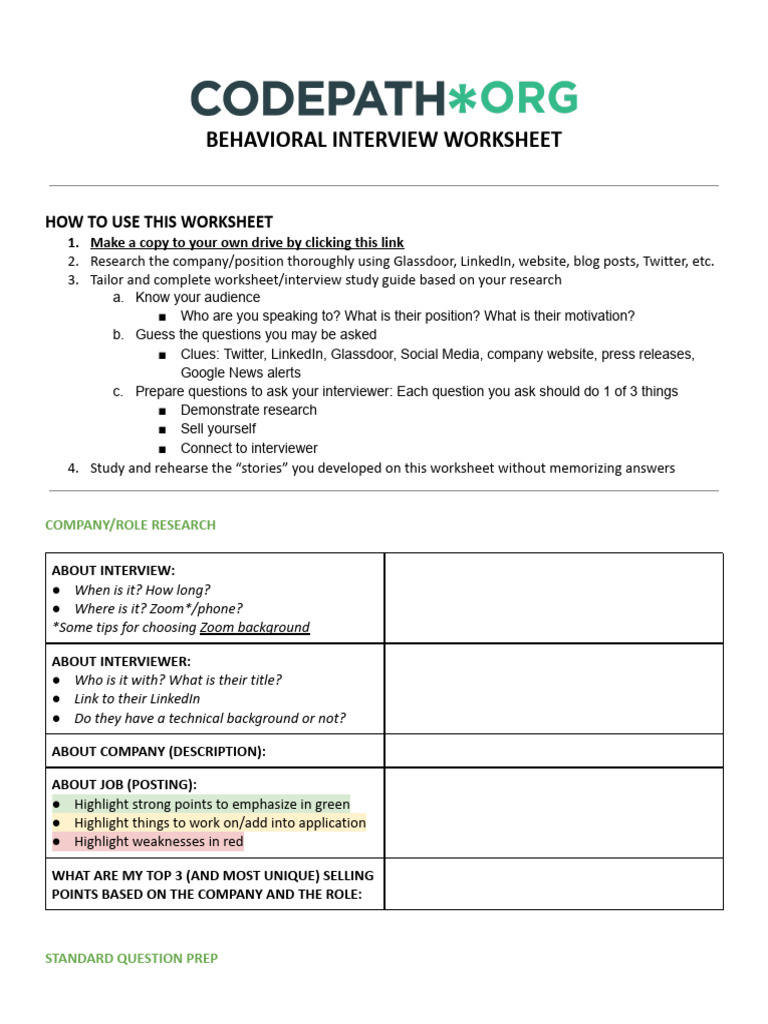 Behavioral Interview Worksheet | PDF | Job Interview | Learning