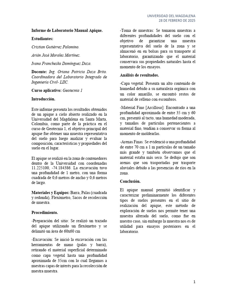 Informe de Apique de Suelo en Geotecnia | PDF | Suelo | Laboratorios