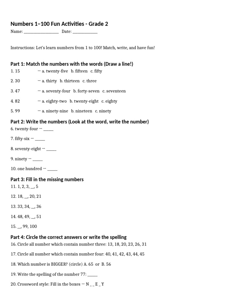 Fun Number Activities for Grade 2 | PDF