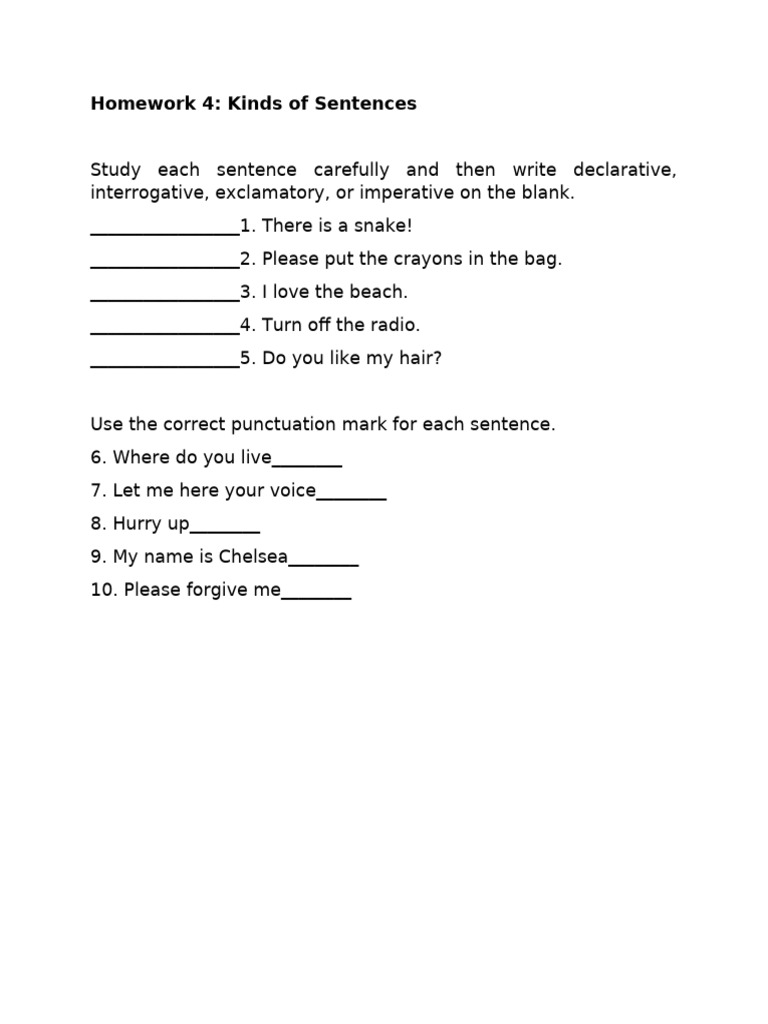 Homework 4 Kinds of Sentences | PDF