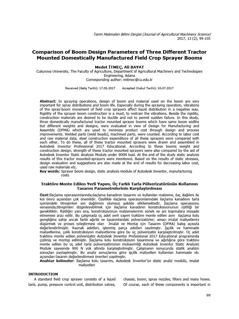 Comparison of Boom Design Parameters of Three Different Tractor Mounted ...