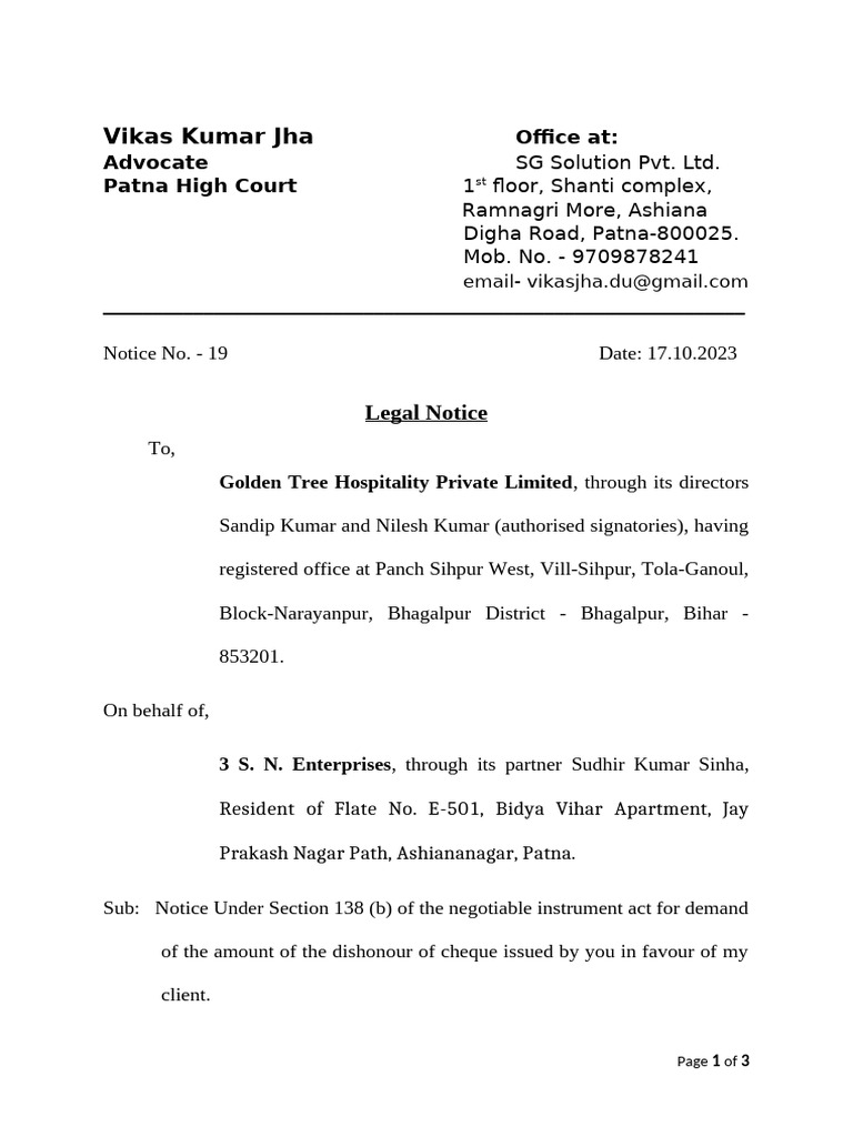 Legal Notice for Cheque Bounce | PDF | Cheque | Negotiable Instrument
