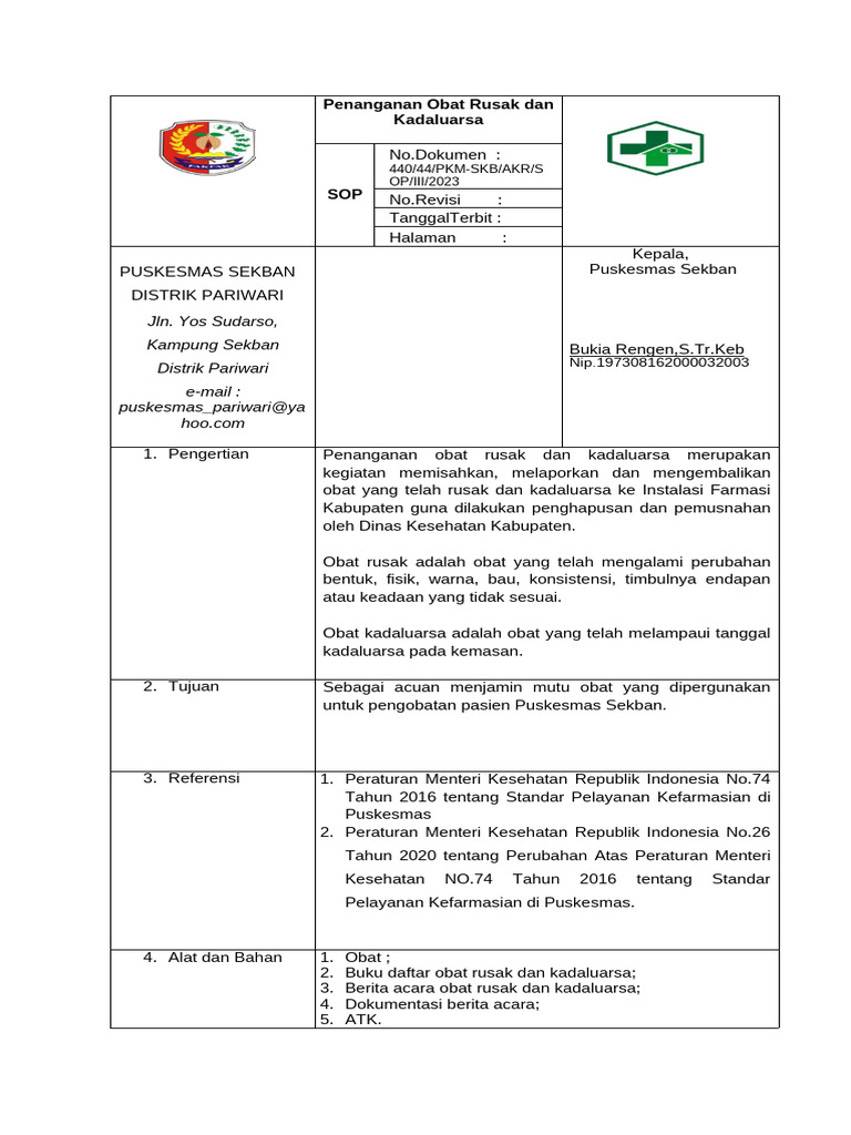 SOP Penanganan Obat Rusak dan Kadaluarsa | PDF