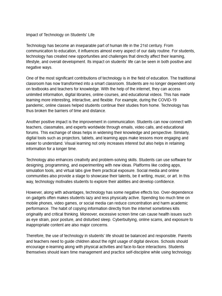 Impact of Technology On Students' Life | PDF | Educational Technology ...