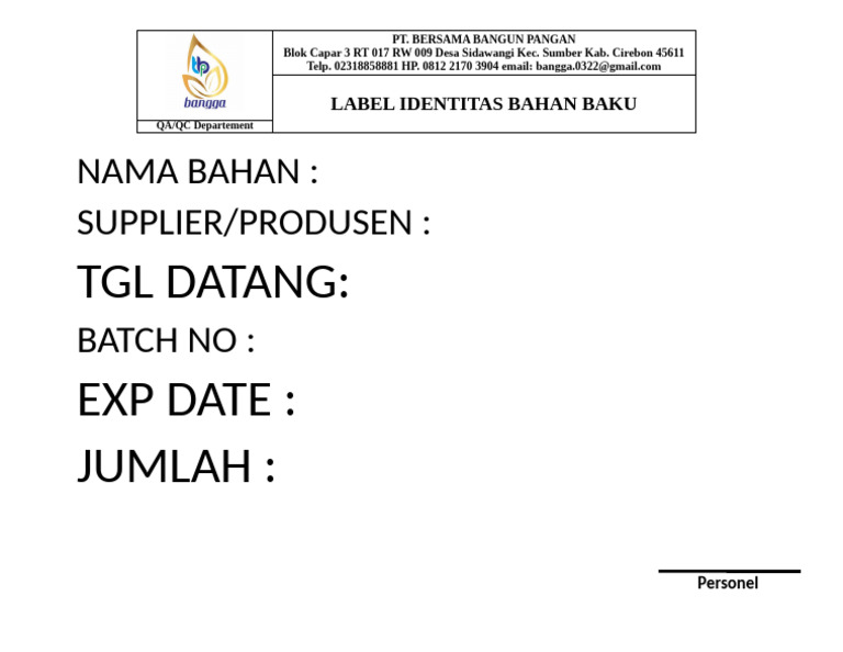 Label Identitas Bahan Baku BBP | PDF