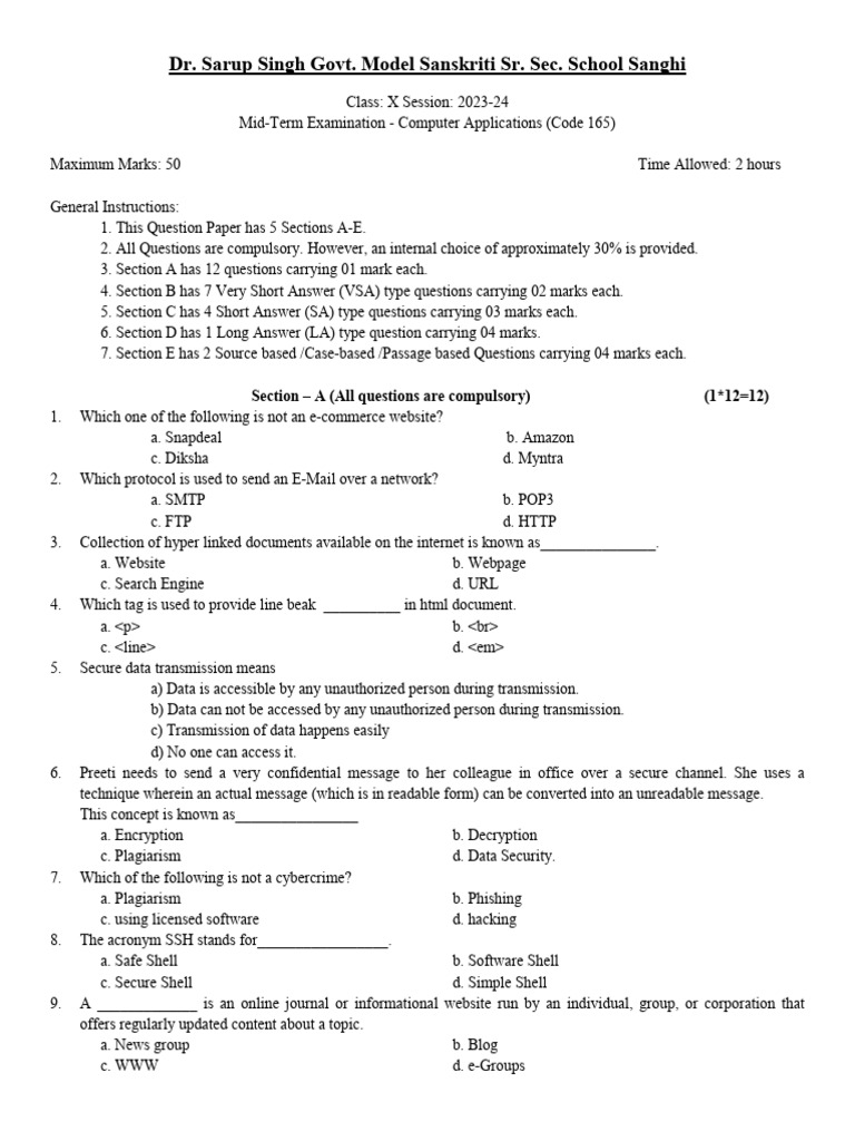 Class 10 CS Mid-Term (2023) | PDF | Html | World Wide Web