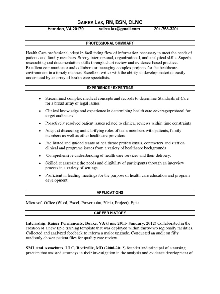 Health Care Clinical Liaison in Washington DC Resume Sairra Lax ...
