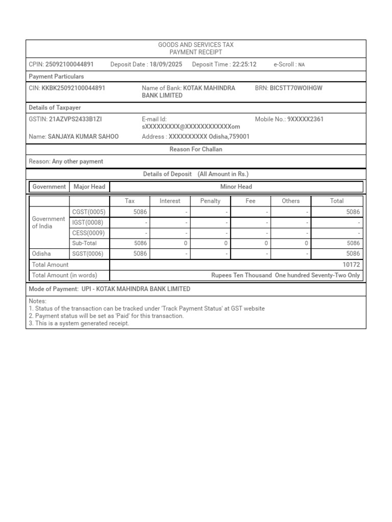 GST Payment Receipt for Sanjaya Sahoo | PDF