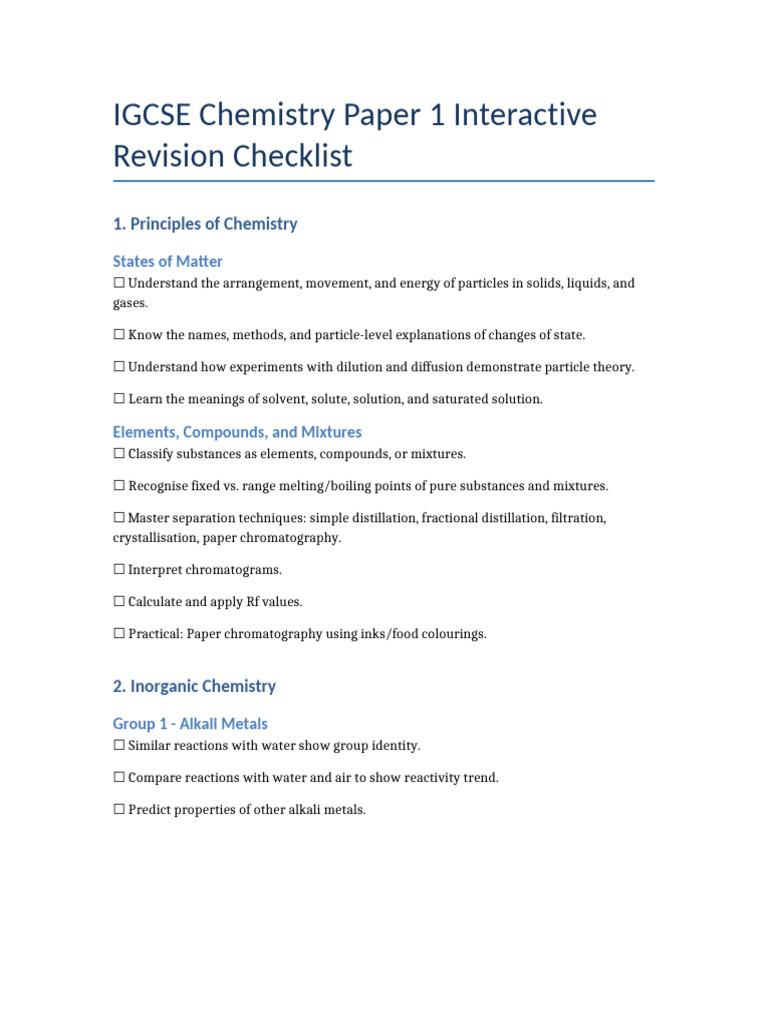 IGCSE Chemistry Paper1 Checklist | PDF