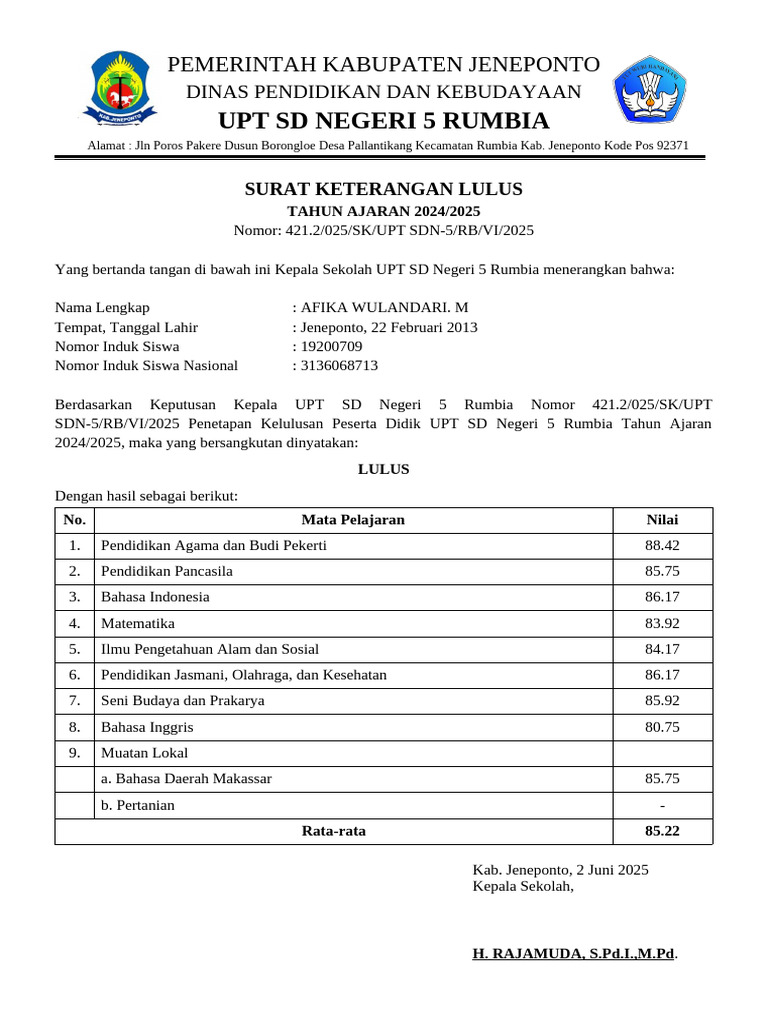 Surat Keterangan Lulus UPT SDN 5 Rumbia | PDF