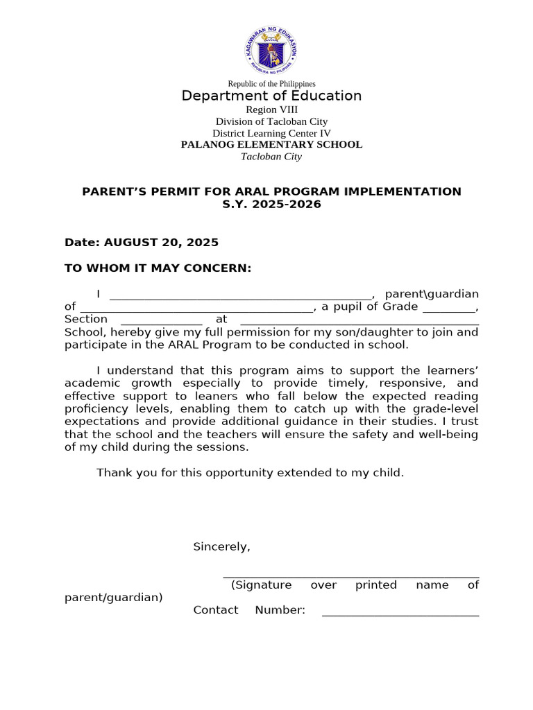 Parent Permit for ARAL Program | PDF