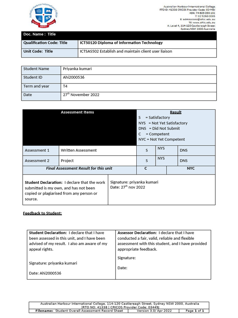 Student Overall Assessment Record Sheet 502 Final Submission | PDF