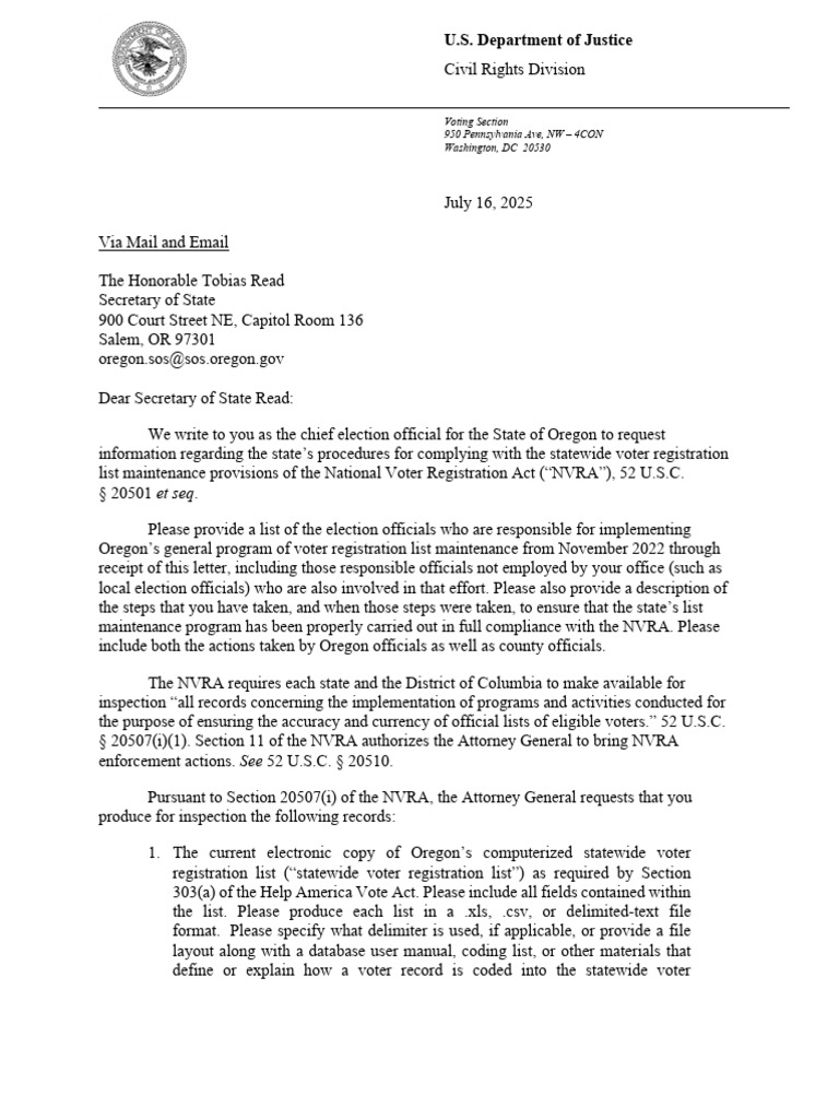 07-16-25 Letter From U.S. DOJ | PDF | Voter Registration | Political Events