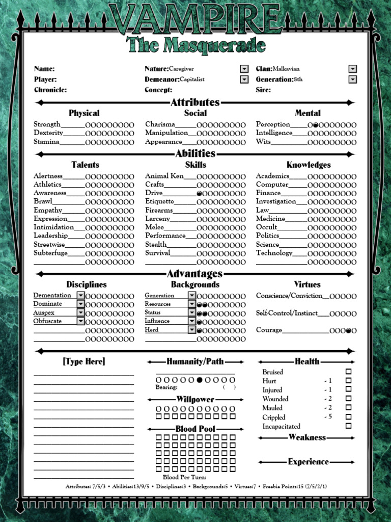 Vampire Character Sheet Template | PDF