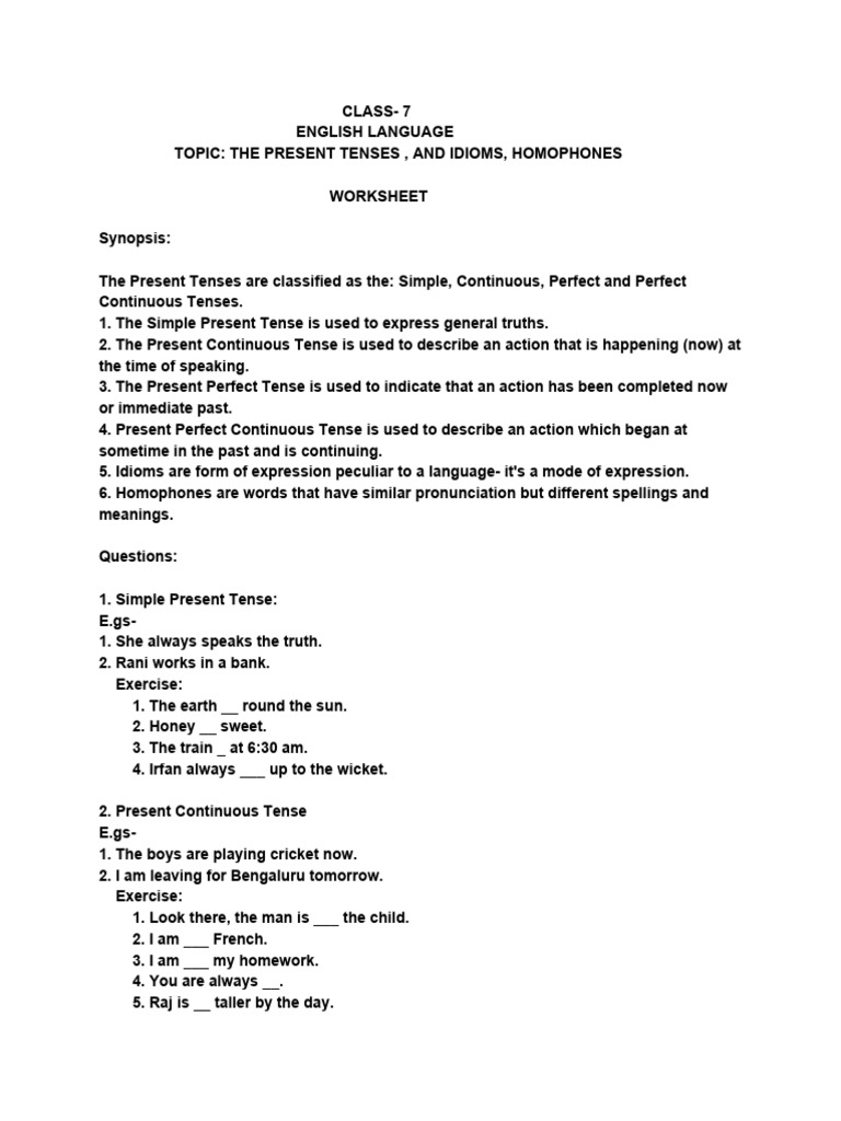 Class 7 Homophones Worksheet | PDF | Grammatical Tense | Language Mechanics