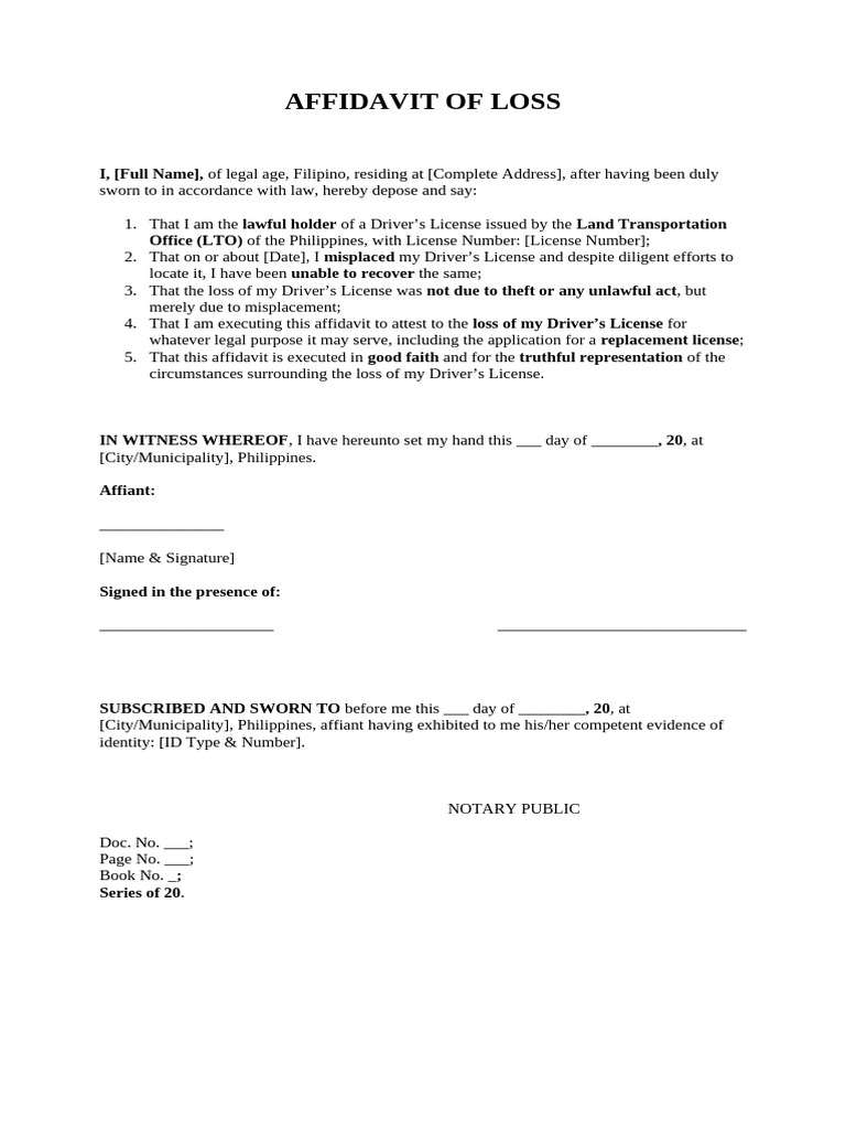 Affidavit of Loss - Driver's License Misplaced | PDF