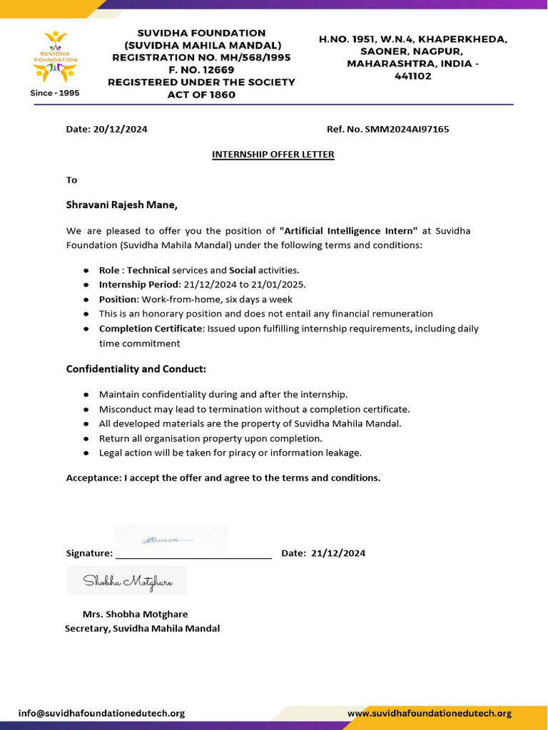 Offer Artificial Intelligence Intern Suvidha Foundation | PDF
