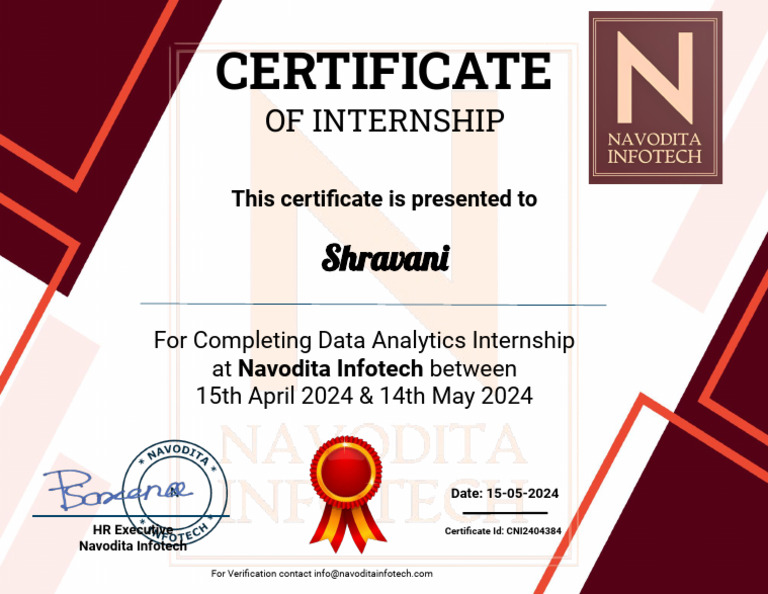Navodita Infotech Data Analytics Internship Completion Certificate | PDF