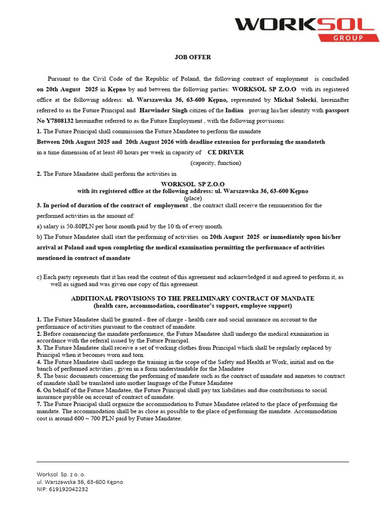 Harwinder Singh Job Offer Letter - CE DRIVER | PDF | Business