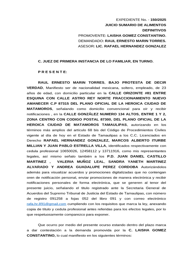 Contestacion Raul Ernesto | PDF | Pensión alimenticia