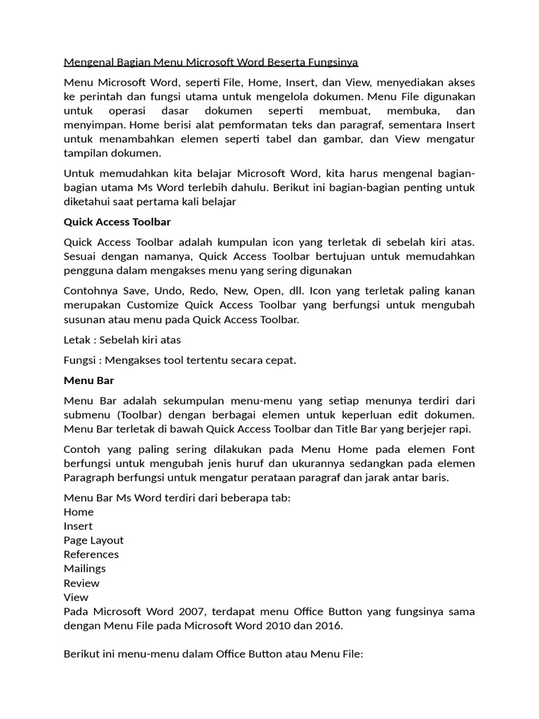 Menu Utama Microsoft Word dan Fungsinya | PDF