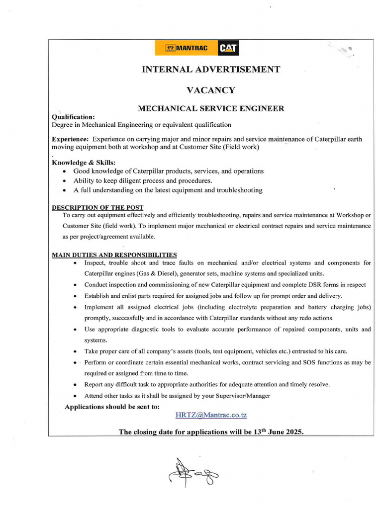 Internal Advert - Mechanical Engineer | PDF