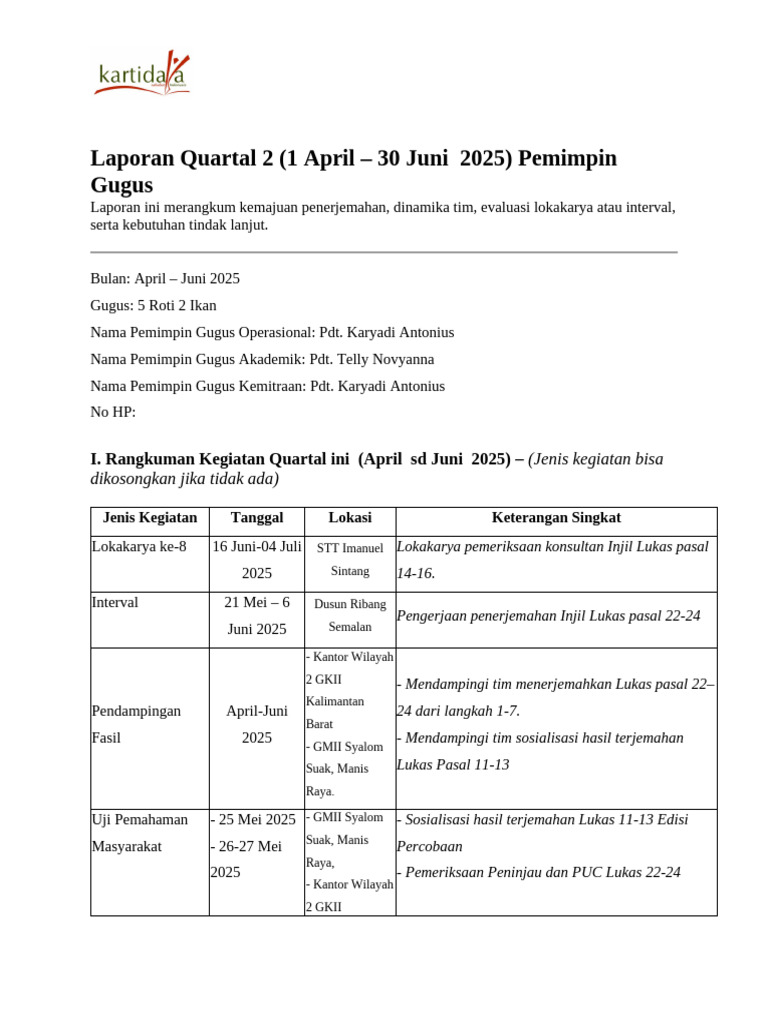 Format Laporan Q2 Seberuang, Apriil - Juni 2025 | PDF