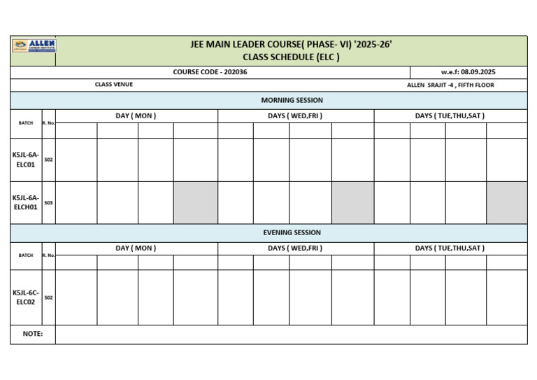 JEE Main Leader Course Schedule 2025 | PDF