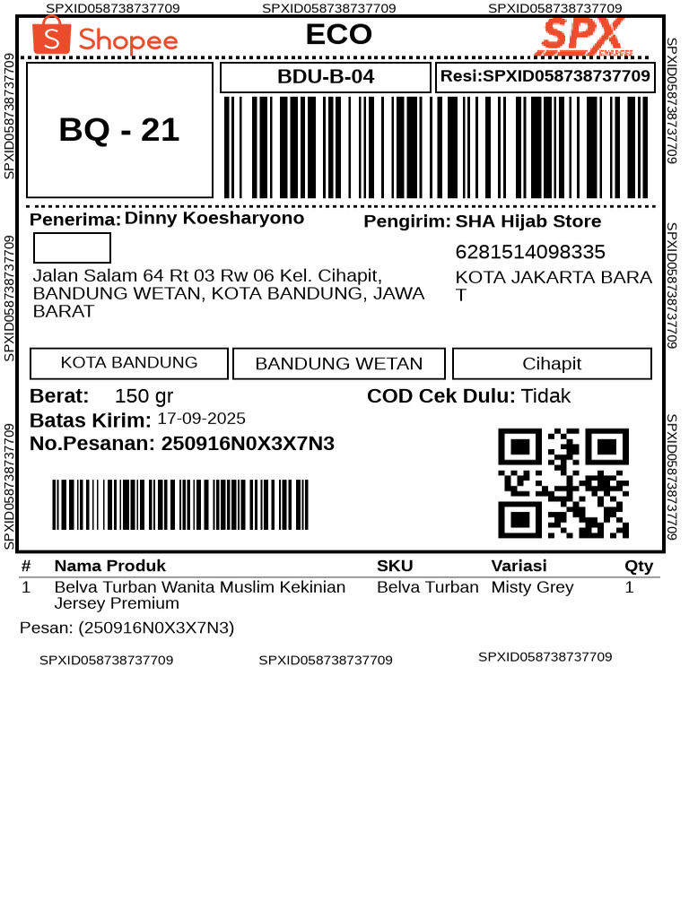 BDU-B-04: Penerima: SHA Hijab Store Dinny Koesharyono Pengirim | PDF
