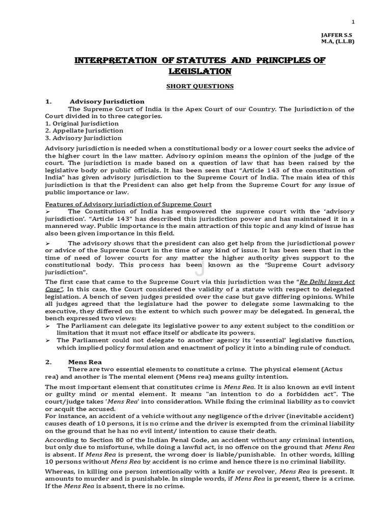 Interpretation of Statutes, Short Questions. | PDF | Mens Rea ...