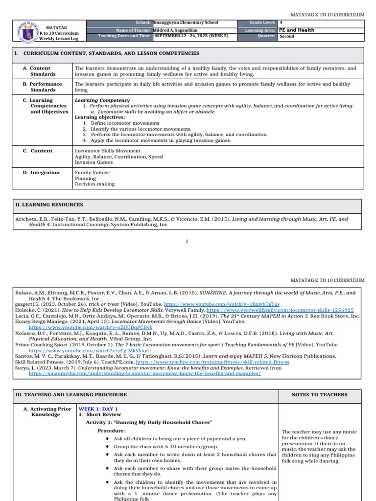 K-10 PE Weekly Lesson Plan: Week 5 | PDF