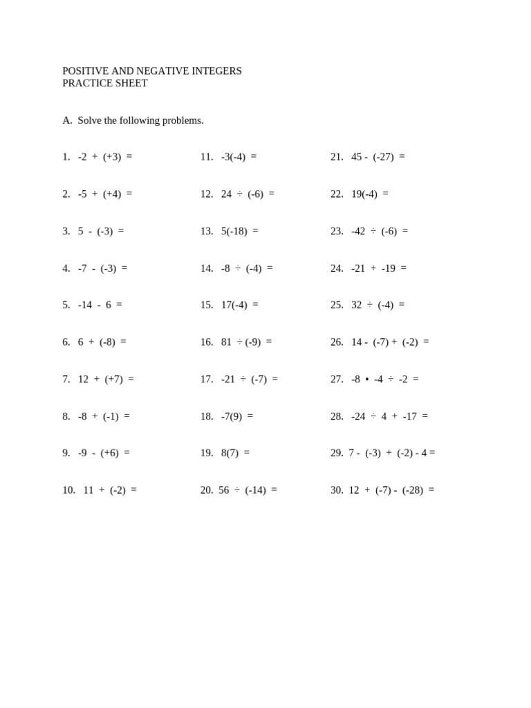 Positive and Negative Integers Worksheet | PDF