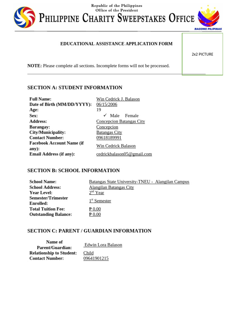 PCSO Education Assistance Application Form | PDF
