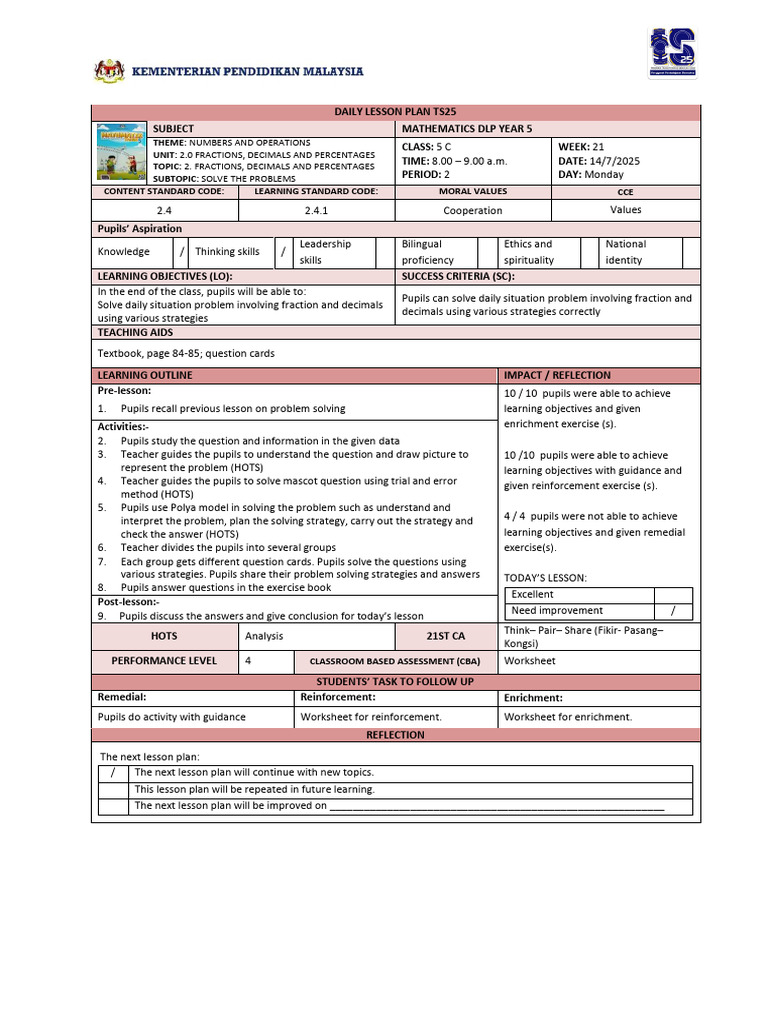 Daily Lesson Plan TS25 Week 21 | PDF | Lesson Plan | Teachers