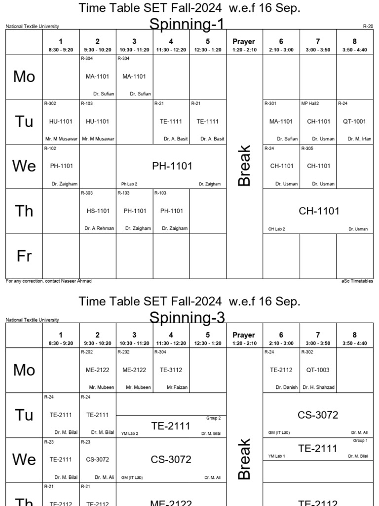 SET Time Table (Classes Wise) Fall-2024 W.E.F 16th Sept, 2024 | PDF