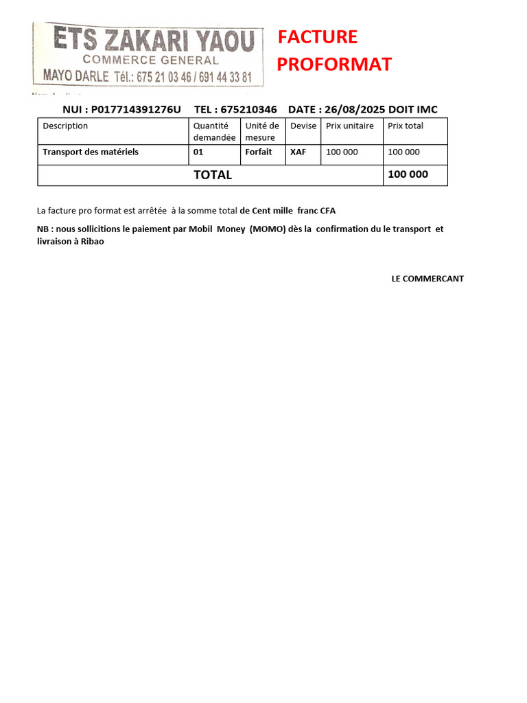 Facture Proformat Transport Ribao | PDF