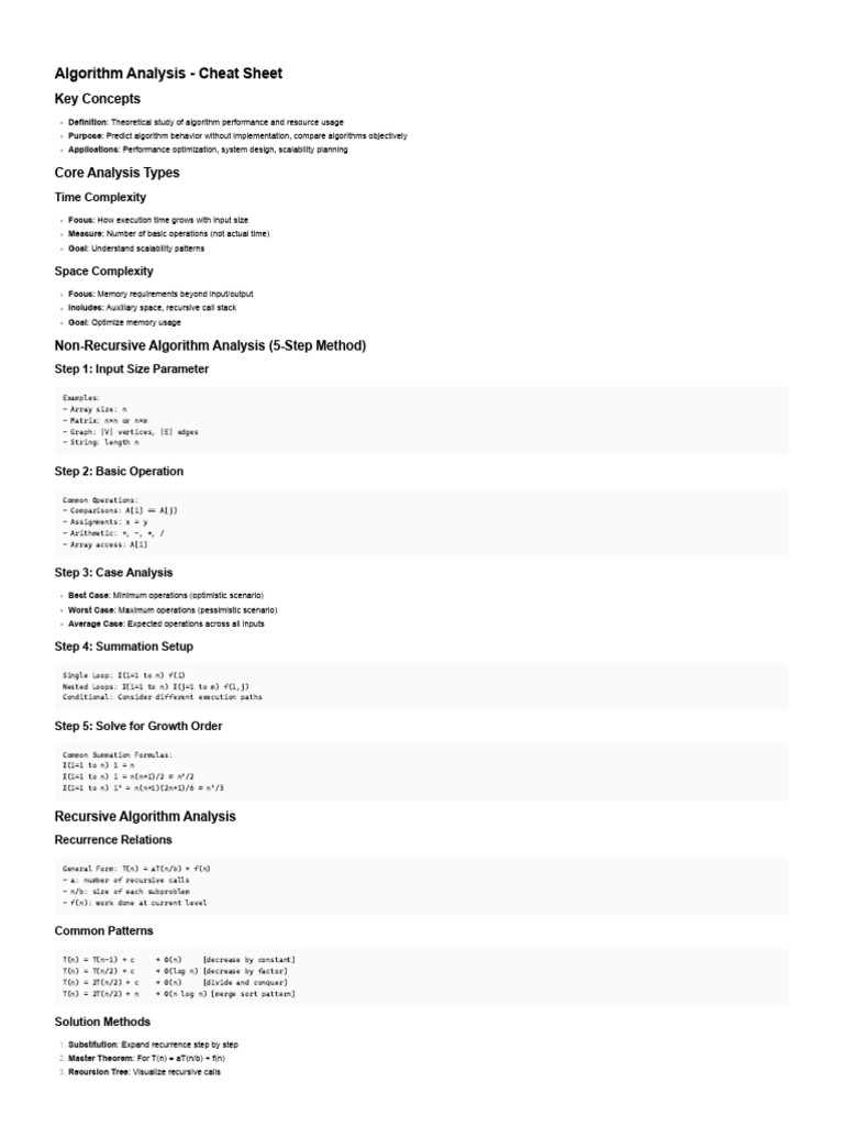 01 Algorithm Analysis Cheat Sheet | PDF | Computational Science | Computer Science