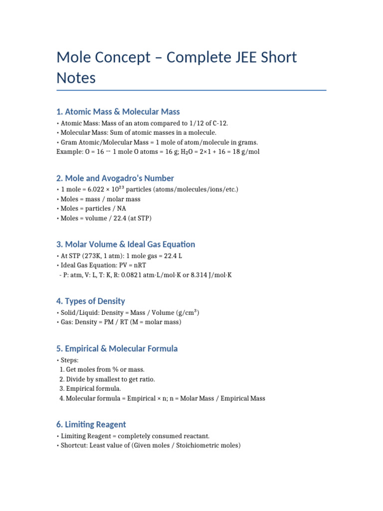 JEE Mole Concept Short Notes | PDF | Mole (Unit) | Molecules