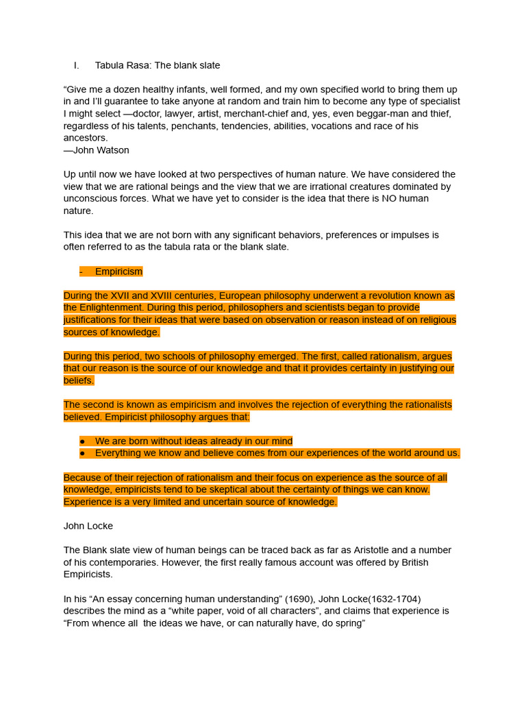 Tabula Rasa, Locke and Empiricism | PDF | Empiricism | Experience