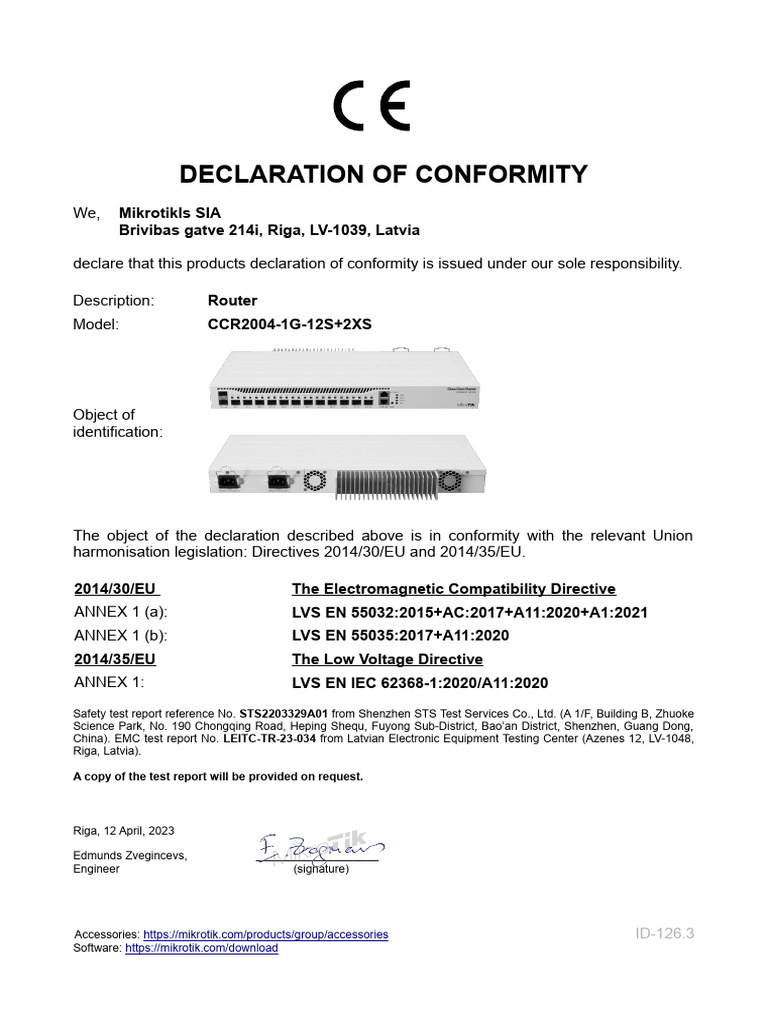 Mikrotik CCR2004 Declaration of Conformity | PDF